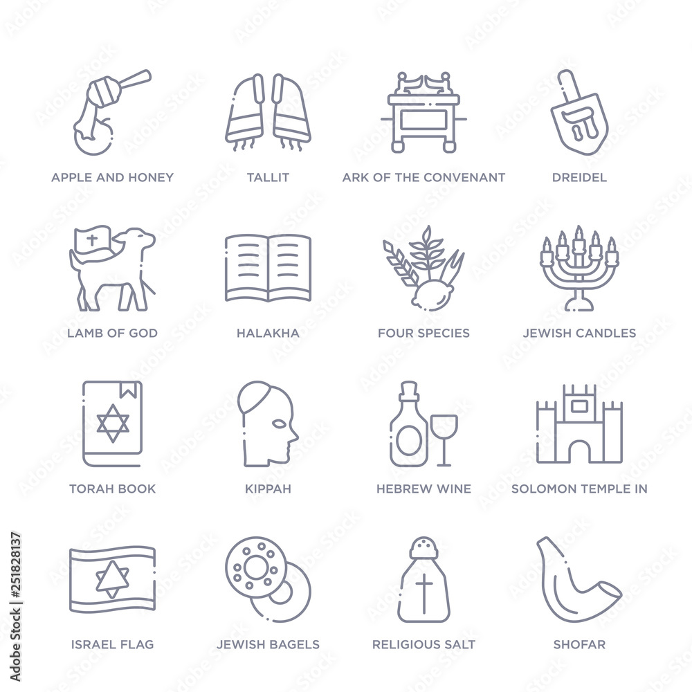 set of 16 thin linear icons such as shofar, religious salt, jewish ...