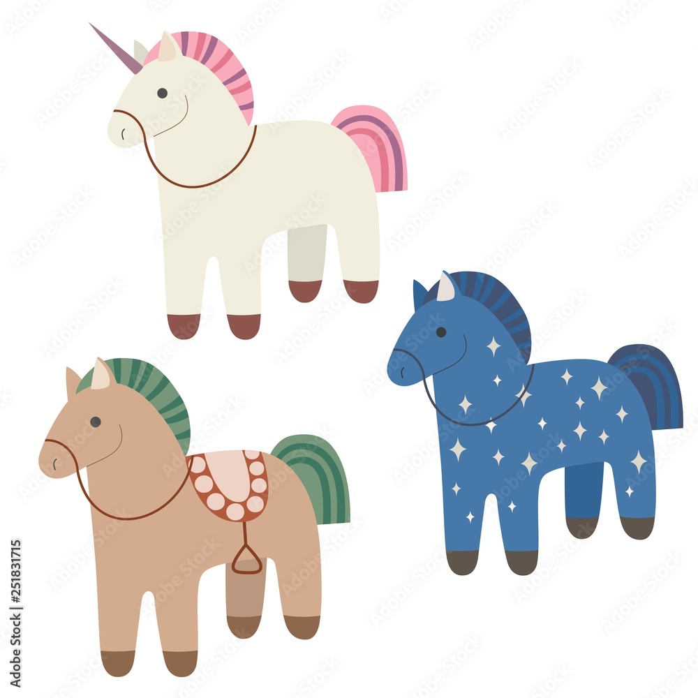 Set of cartoon horses and unicorn. Cute animal characters. Vector ...