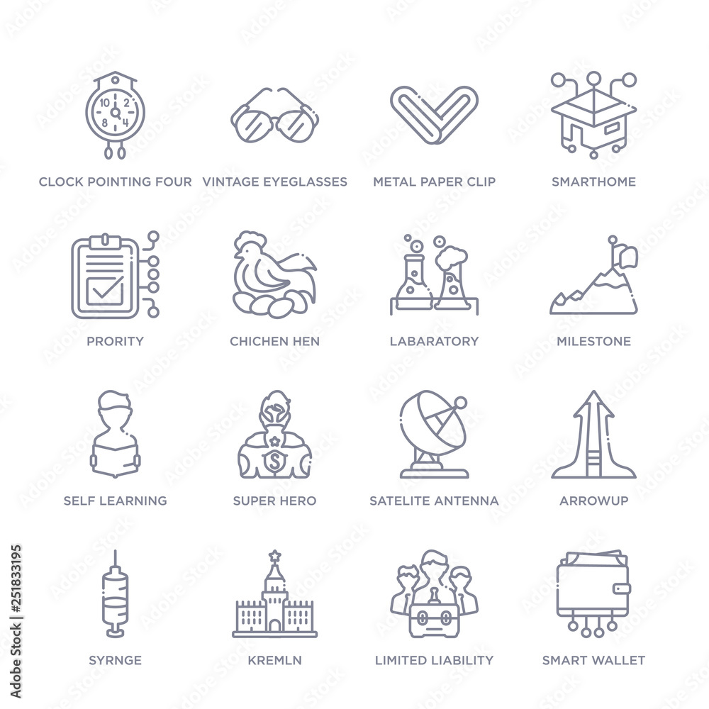 set of 16 thin linear icons such as smart wallet, limited liability, kremln, syrnge, arrowup ...