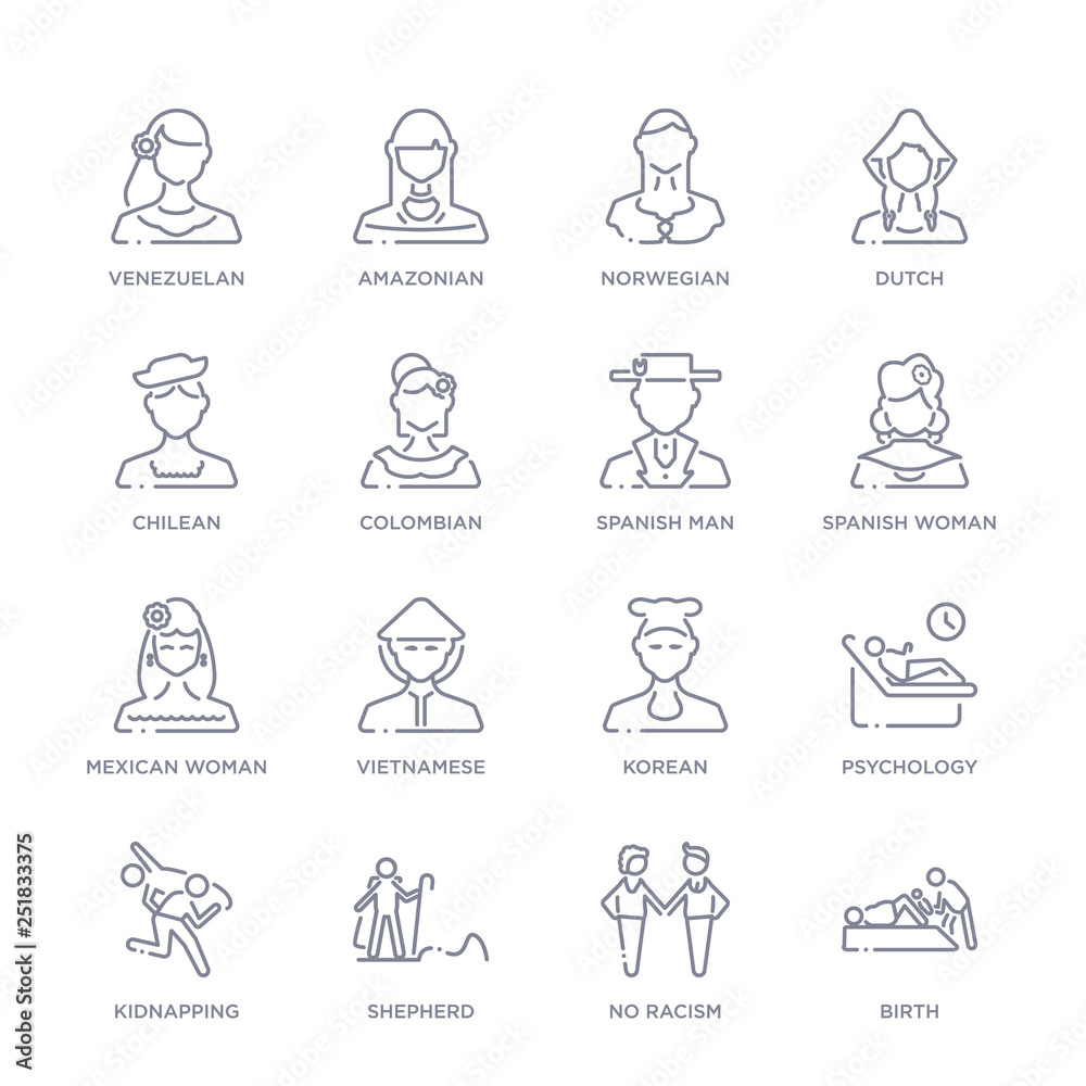 set of 16 thin linear icons such as birth, no racism, shepherd ...