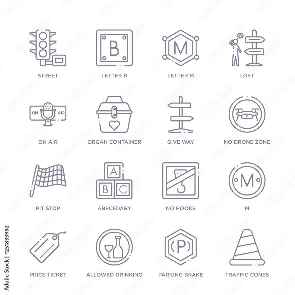 set of 16 thin linear icons such as traffic cones, parking brake, allowed drinking, price ticket ...