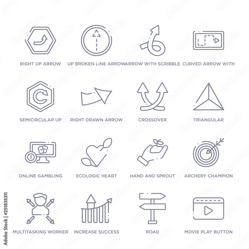 set of 16 thin linear icons such as movie play button, road, increase success, multitasking ...