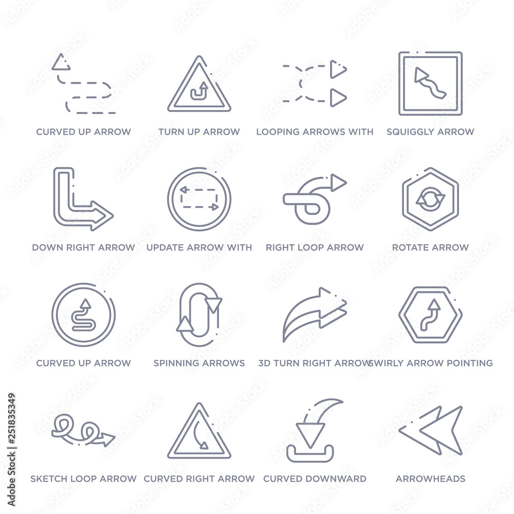 set of 16 thin linear icons such as arrowheads, curved downward arrow, curved right arrow ...