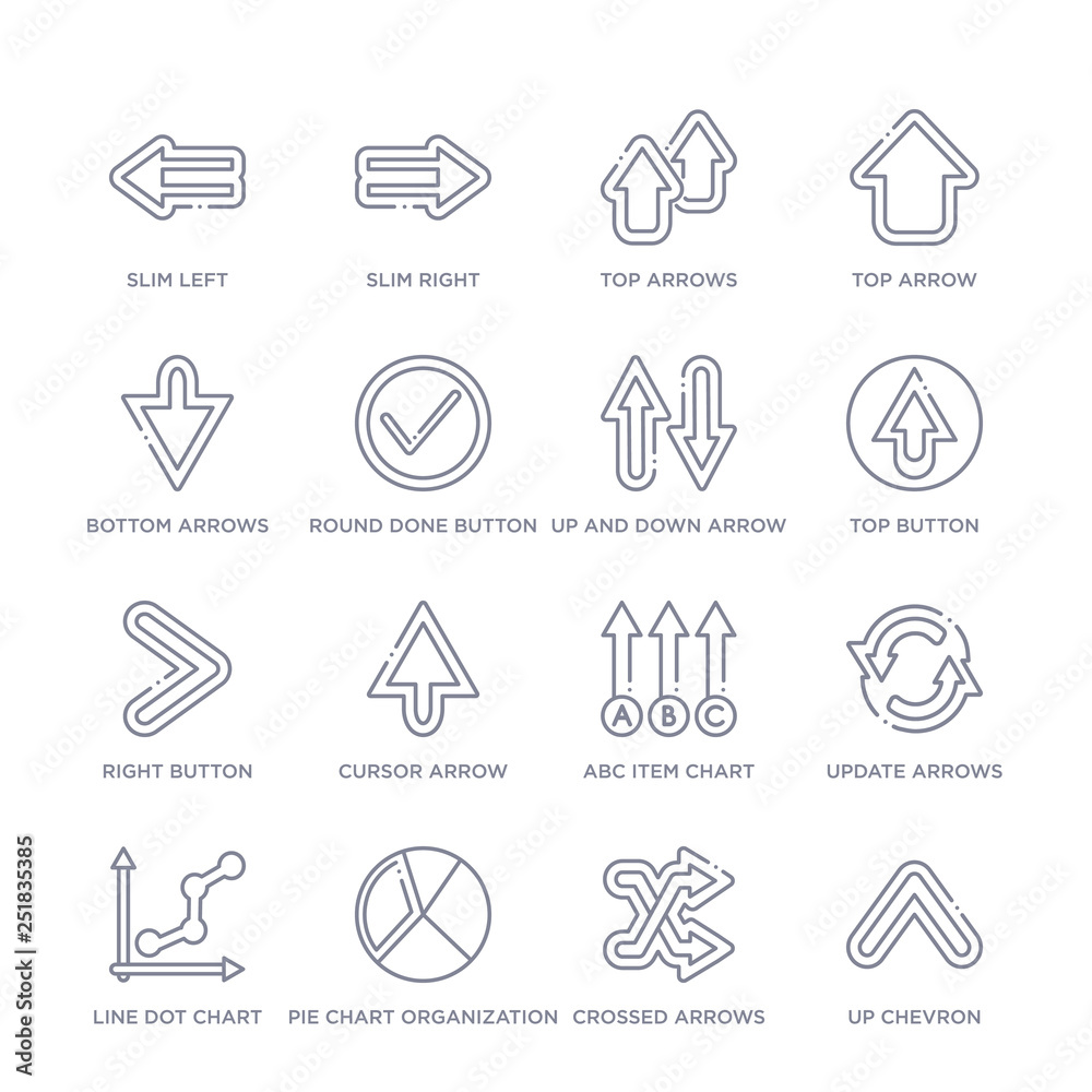 set of 16 thin linear icons such as up chevron, crossed arrows, pie chart organization, line dot ...