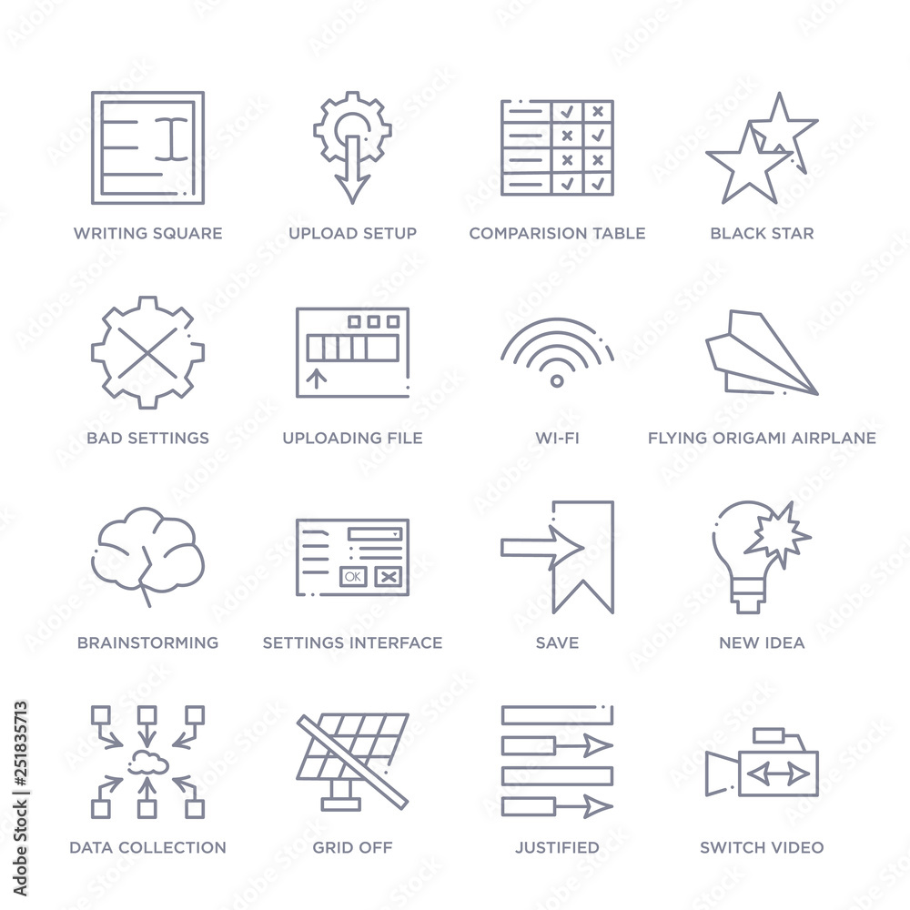 set of 16 thin linear icons such as switch video, justified, grid off, data collection, new idea ...