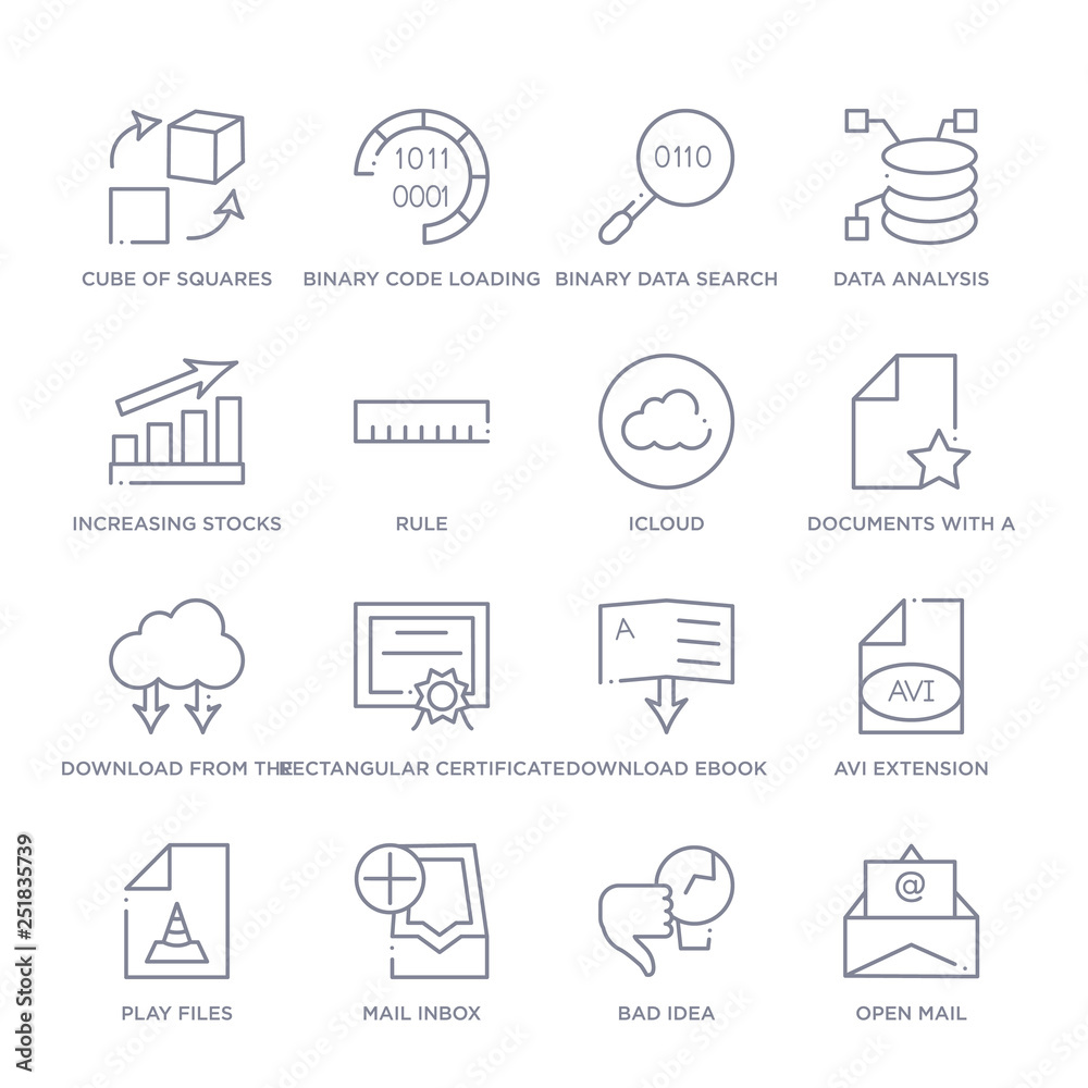 Set Of 16 Thin Linear Icons Such As Open Mail Bad Idea Mail Inbox Play Files Avi Extension