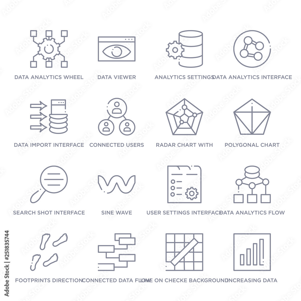 set of 16 thin linear icons such as increasing data, line on checke ...