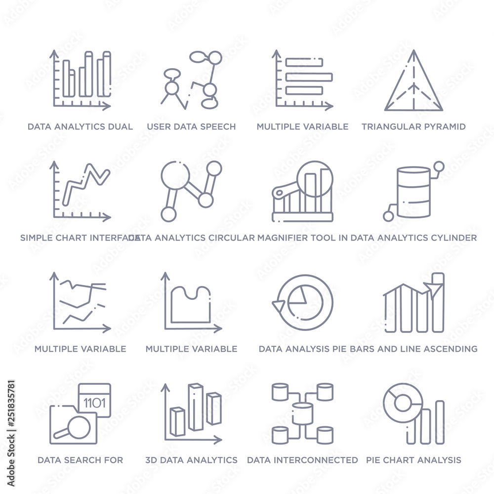 set of 16 thin linear icons such as pie chart analysis interface, data interconnected, 3d data ...