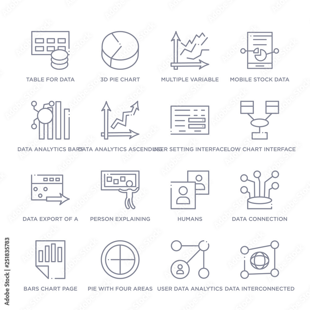 set of 16 thin linear icons such as data interconnected, user data ...