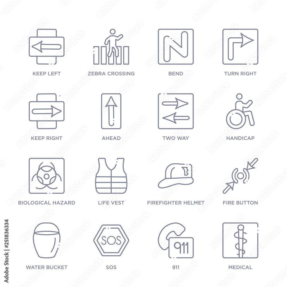set of 16 thin linear icons such as medical, 911, sos, water bucket ...