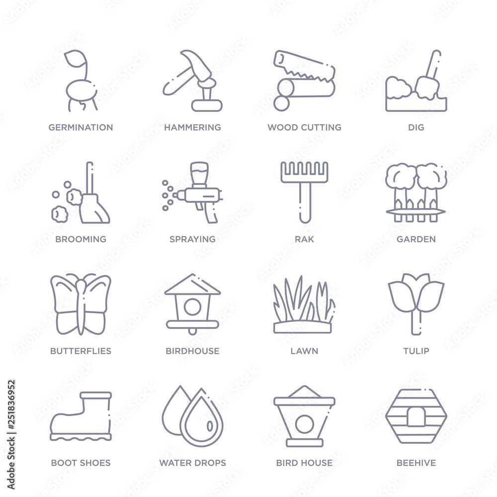 set of 16 thin linear icons such as cpu, mail, check list, rocket, secure data, brain, shopping ...