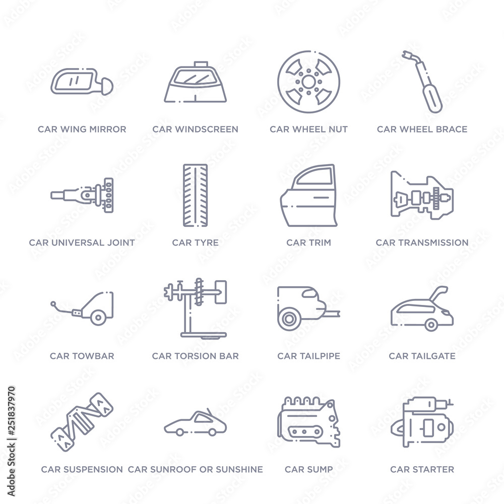 set of 16 thin linear icons such as car starter, car sump, car sunroof ...