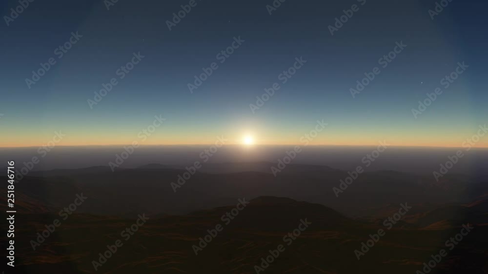 Sunset desert landscape with mountain silhouettes against fantastic ...