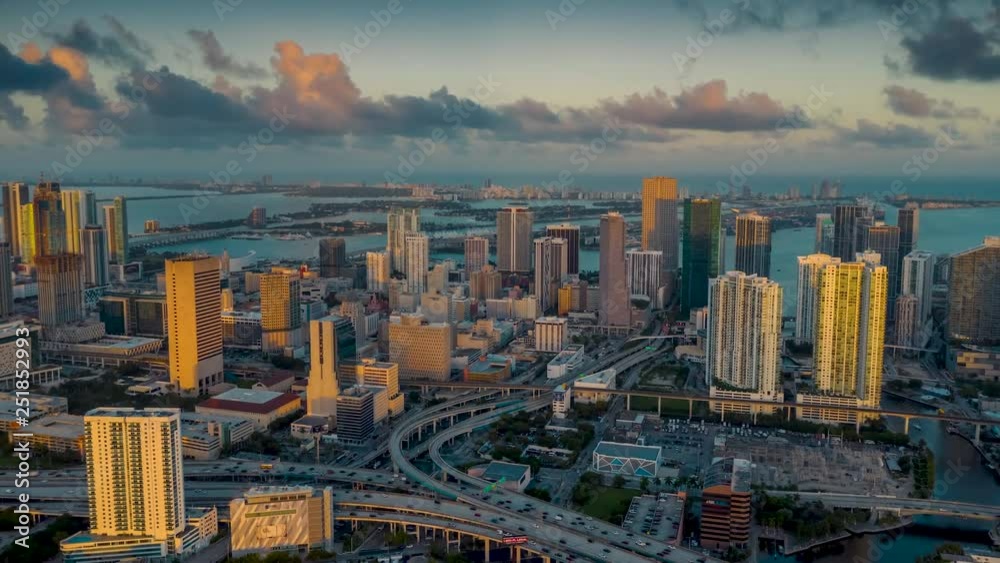 MIAMI, FLORIDA, USA - JANUARY 2019: Aerial drone panorama view flight ...