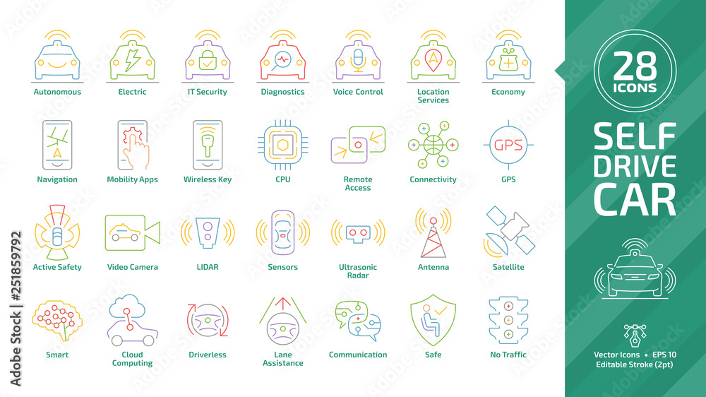 Self drive intelligent car color editable stroke thin outline icon set ...