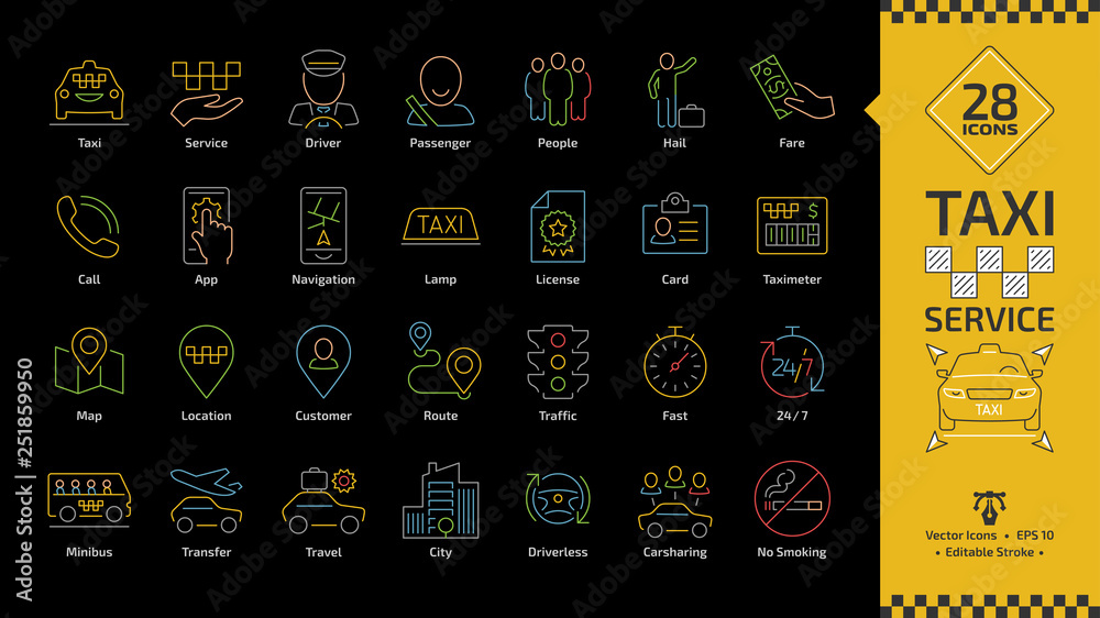 Vector taxi cab car service editable stroke color line icon set on a ...