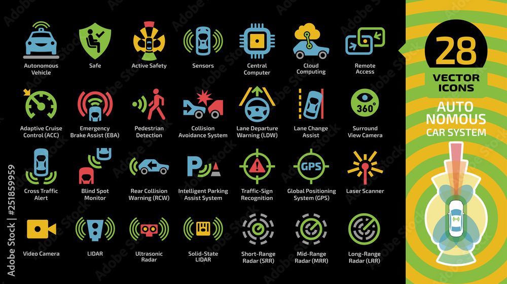 Vector autonomous self drive car sensor control system color icon set ...