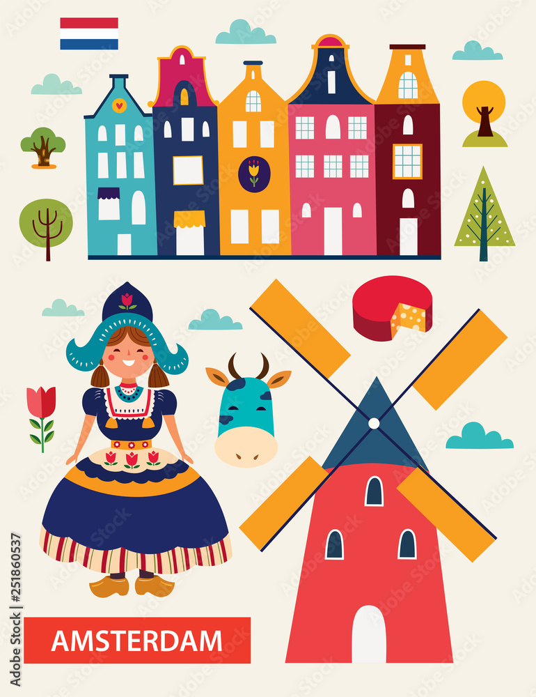 Vector illustration in cartoon style with symbols of Netherlands Stock ...
