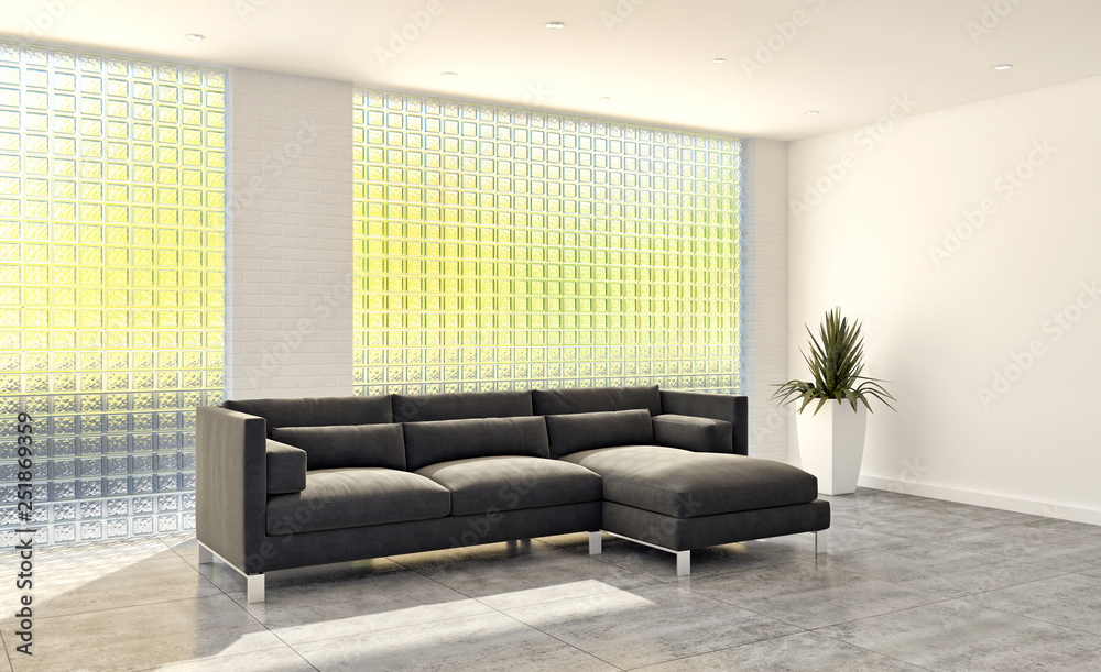 large luxury modern bright interiors with wall with glass bricks room ...