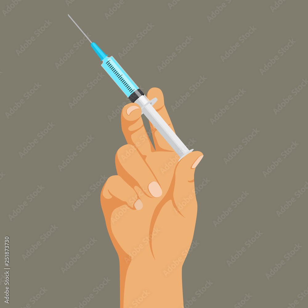 Drug addiction concept, hand with syringe, heroin dependence, illegal ...