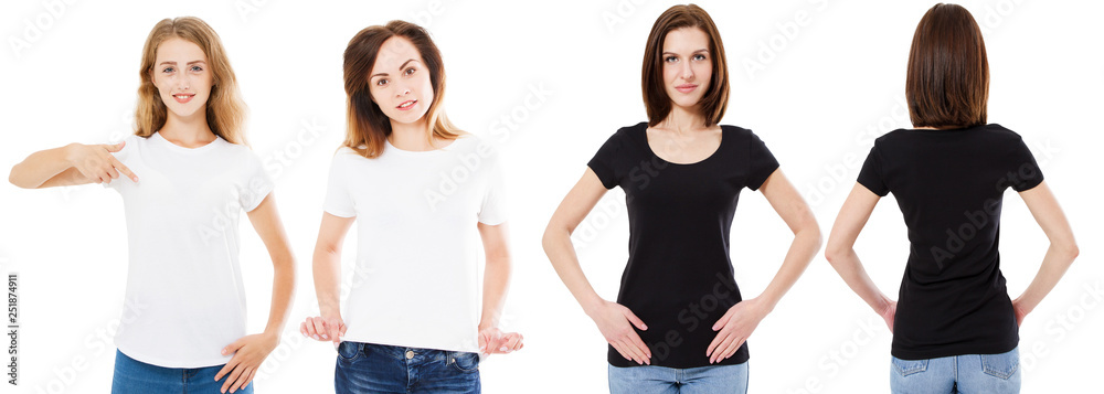 t-shirts set, front and back views woman in black and white tshirt ...