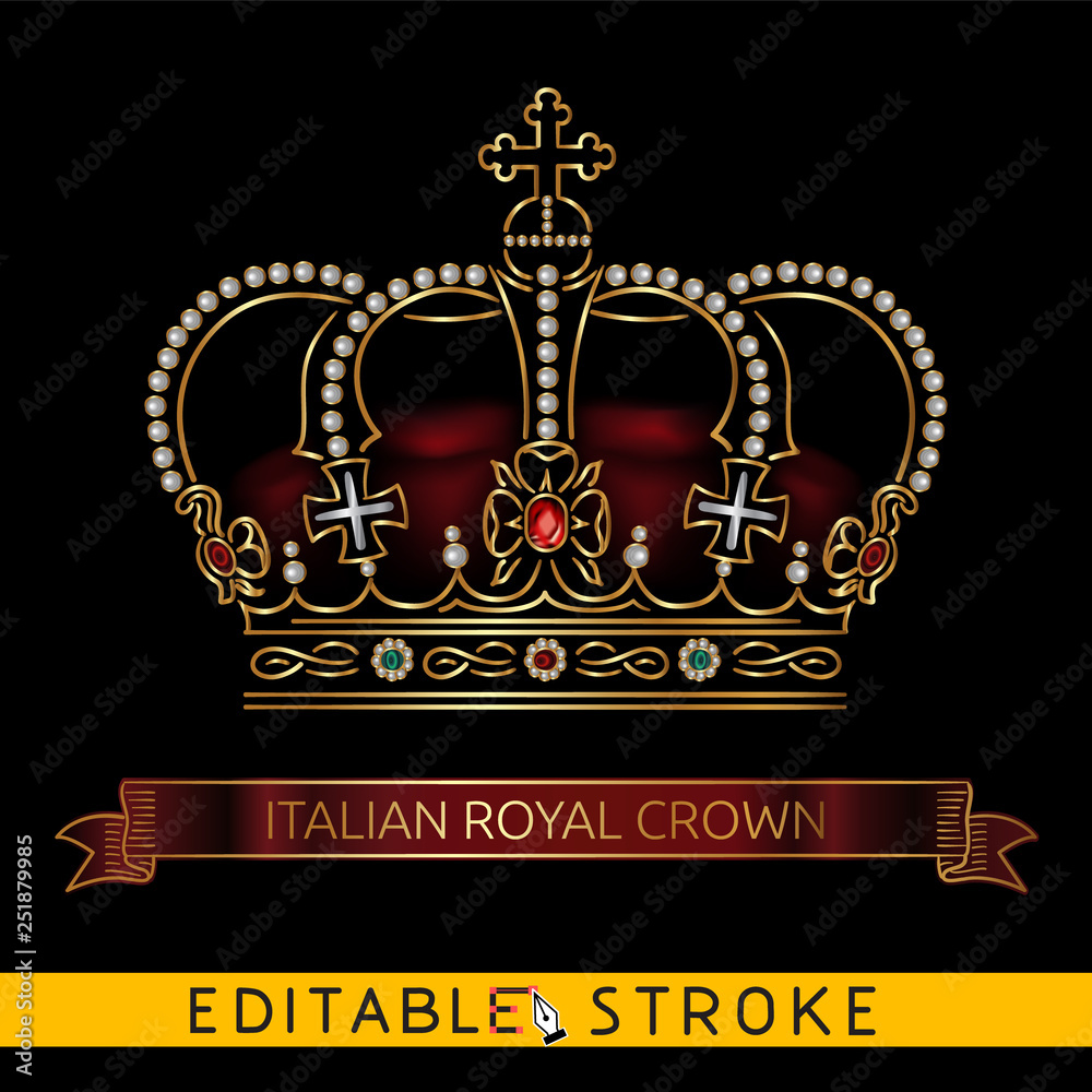 Italian Royal Crown Savoy. Gold icon on black background. Golden ribbon ...