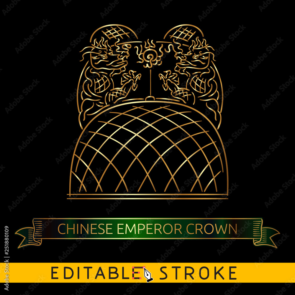 Chinese emperor crown. Gold icon on black background. Golden ribbon or ...