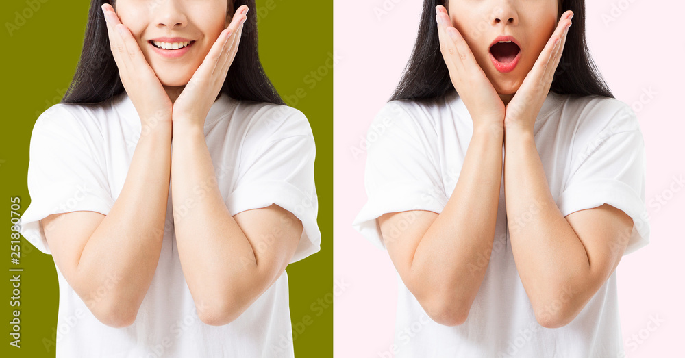 Collage of surprised shocked excited asian woman face isolated on ... Collage of surprised shocked excited asian woman face isolated on ...