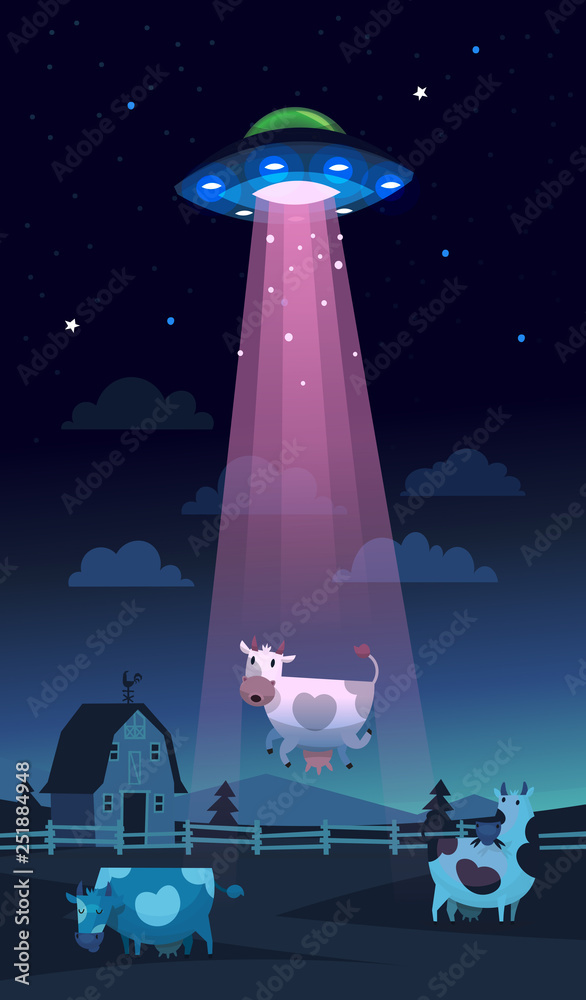 An alien saucer flying over barn collecting cows for research. Vector ...
