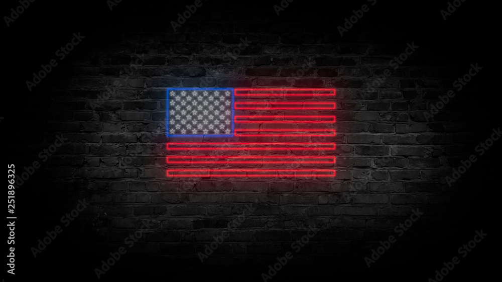USA flag neon sign. Night bright Signboard USA flag. American flag on ...