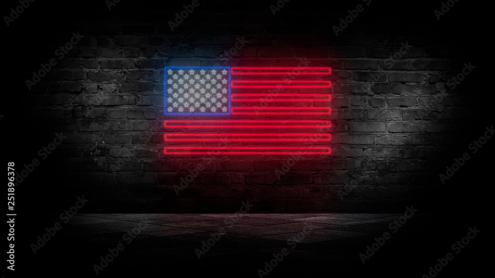 USA flag neon sign. Night bright Signboard USA flag. American flag on ...