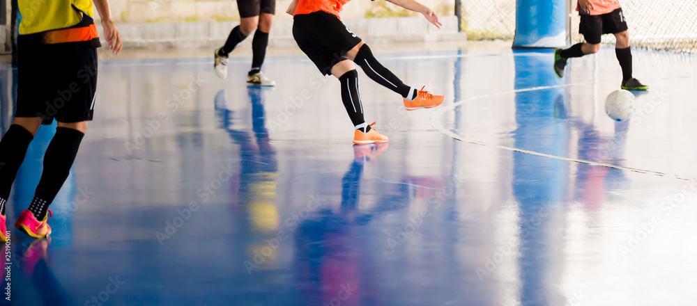 Indoor soccer sports hall. Football futsal player, ball, futsal floor ...