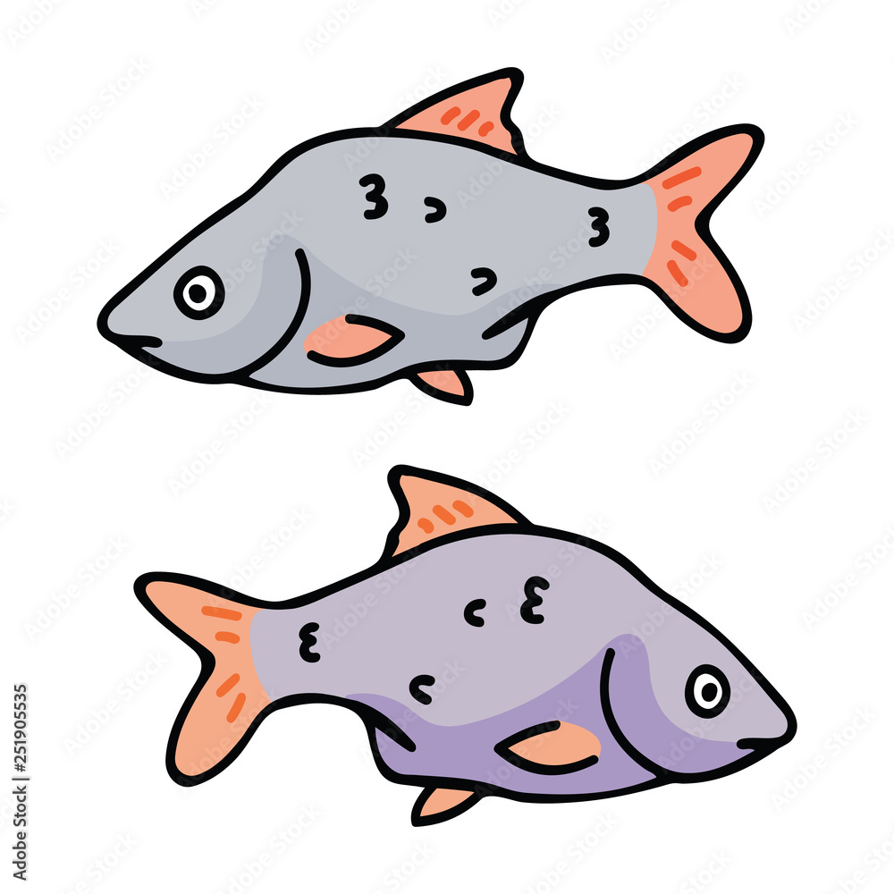 Cute roach fish cartoon vector illustration motif set. Hand drawn ...