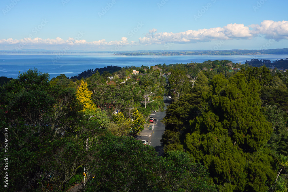 Landscape view of the bay of Auckland from Titirangi, a suburb in the ...