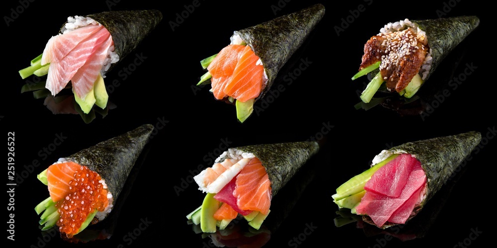Set of temaki sushi from salmon, tuna, shrimp, caviar, smoked eel, sea ...