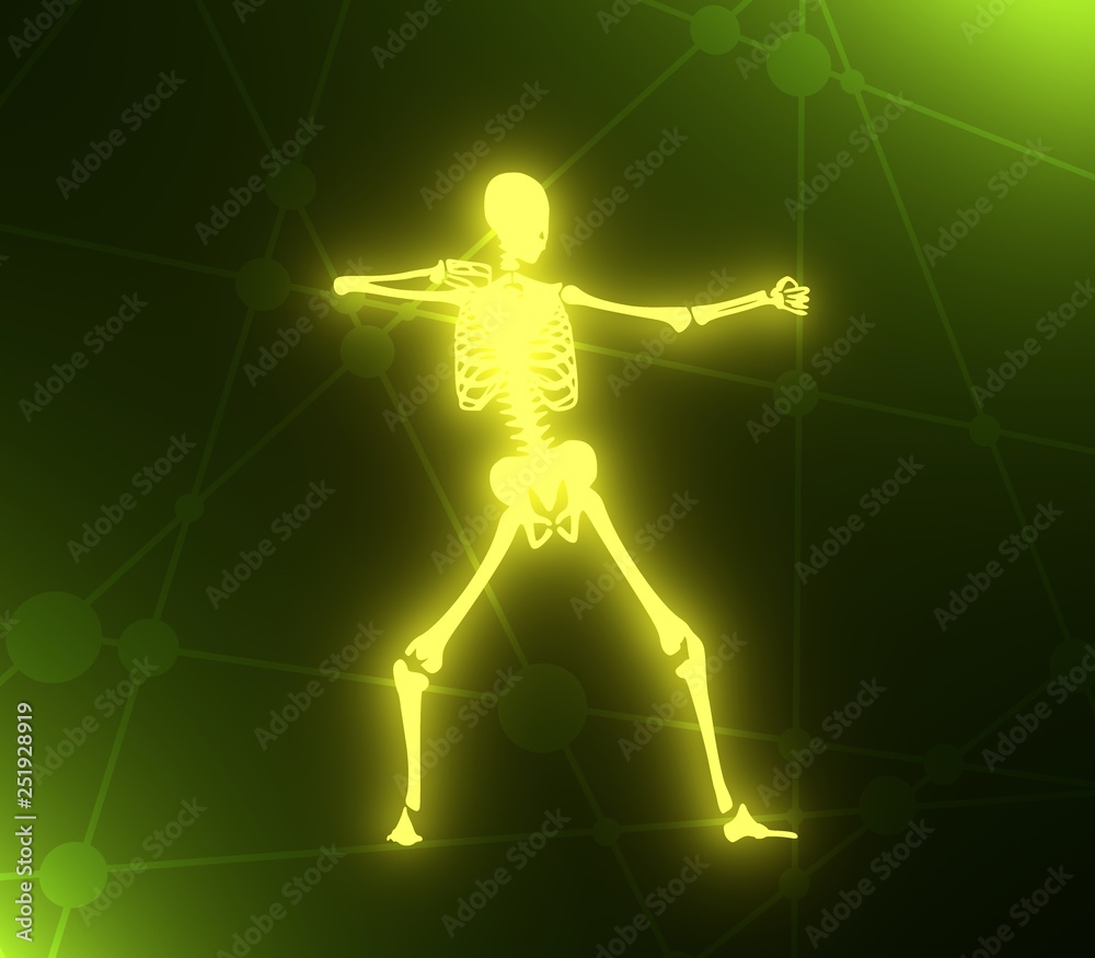 Human skeleton in fighting pose. Halloween party design template. 3D ...