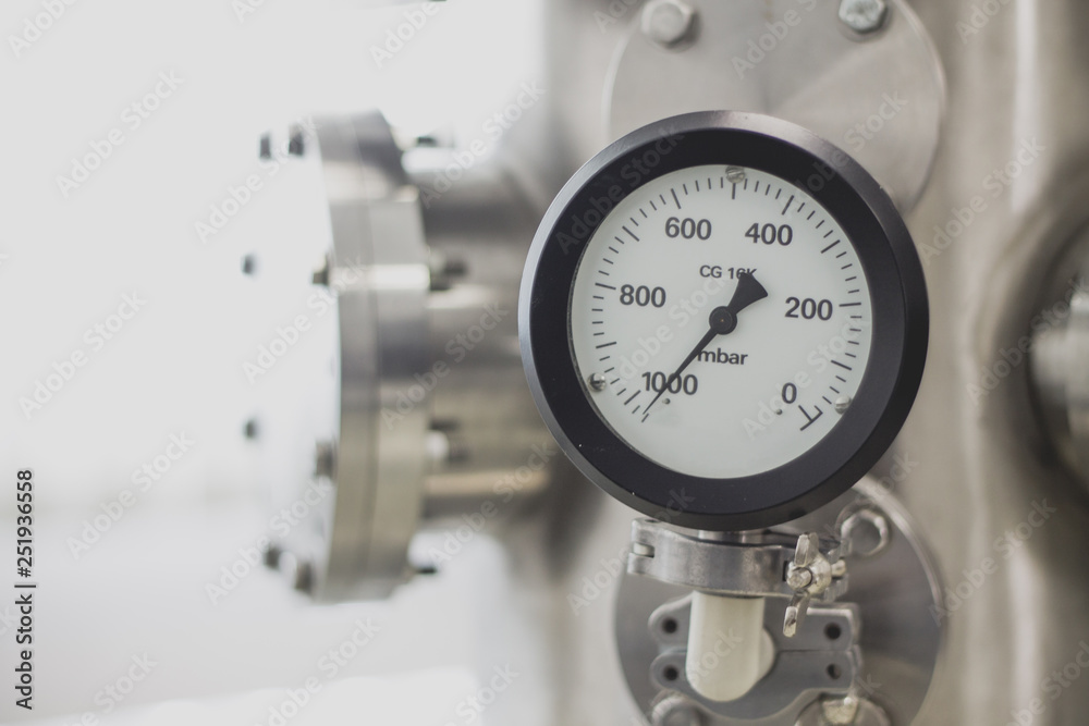 Vacuum pressure gauge, part of vacuum chamber in laboratory. Stock ...