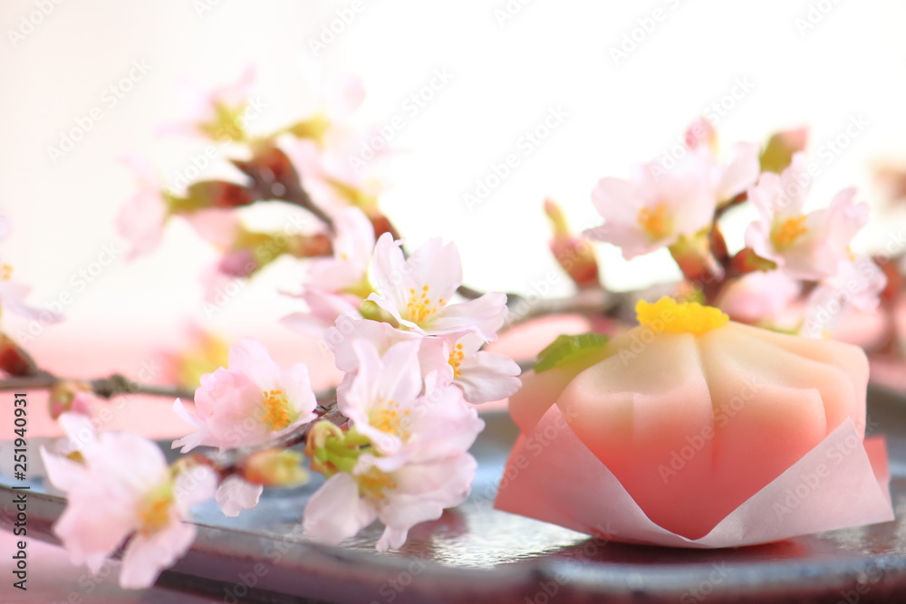 Cherry flower shape Japanese traditional sweets made from beans and ...