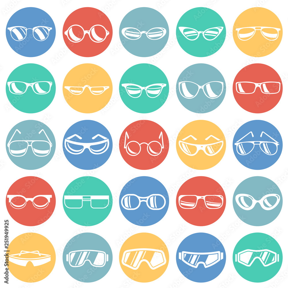 Eyeglasses icons set on colro circles white background for graphic and ...