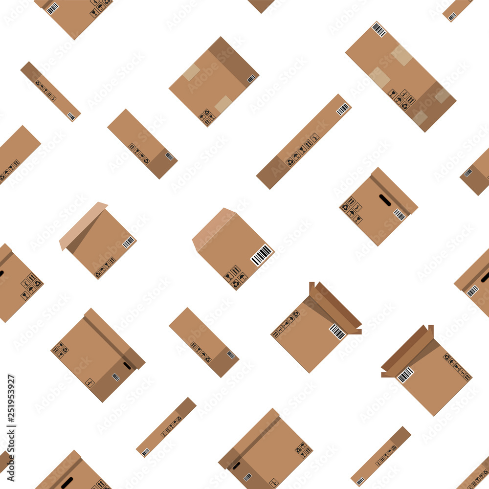 Seamless cardboard boxes set pattern. Carton delivery packaging open ...