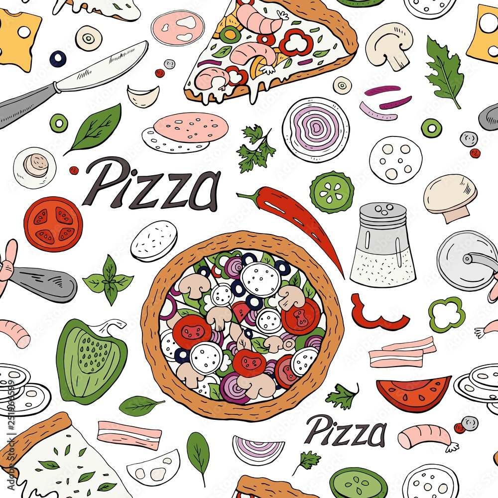 Seamless italian pizza pattern on white. Vector hand drawn colorful ... Seamless italian pizza pattern on white. Vector hand drawn colorful ...