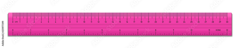 Realistic plastic pink tape ruler isolated on white background. Double ...