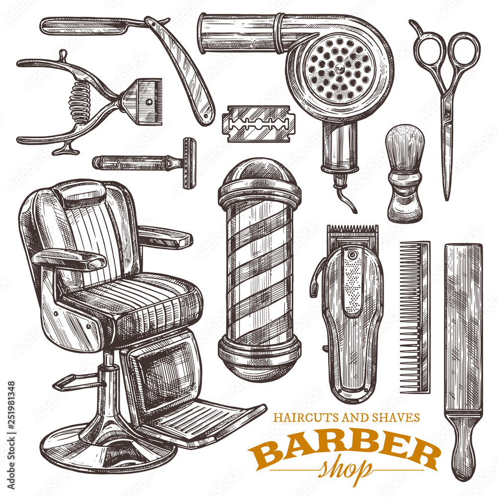 Vector collection of hand drawn barbeshop tools and accessories in ...