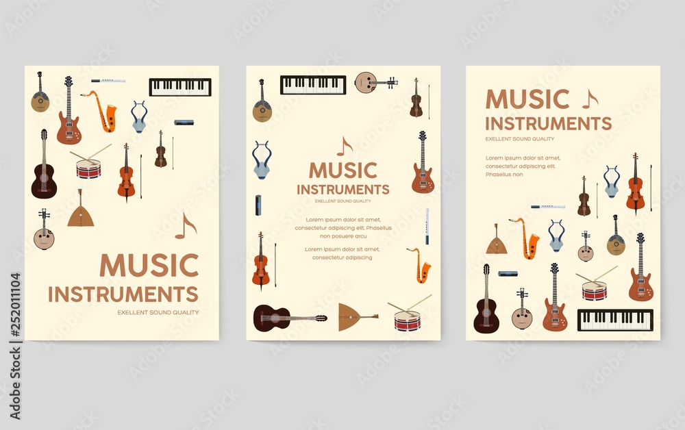 Music instruments vector brochure cards set. Audio tools template of ...