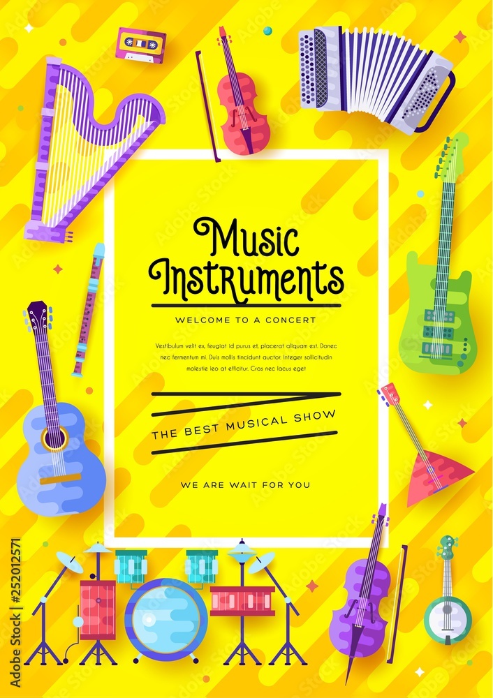 Music instruments vector brochure cards set. Audio tools template of ...