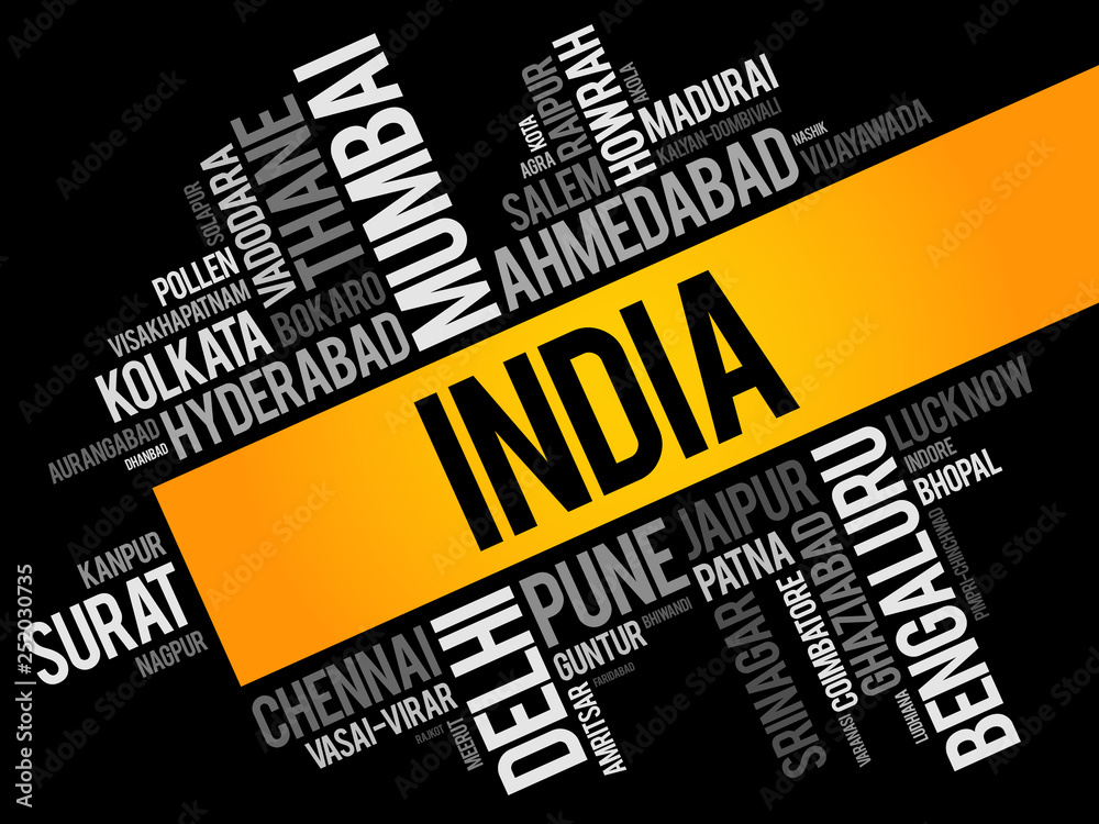List of cities in India word cloud collage, business and travel concept ...
