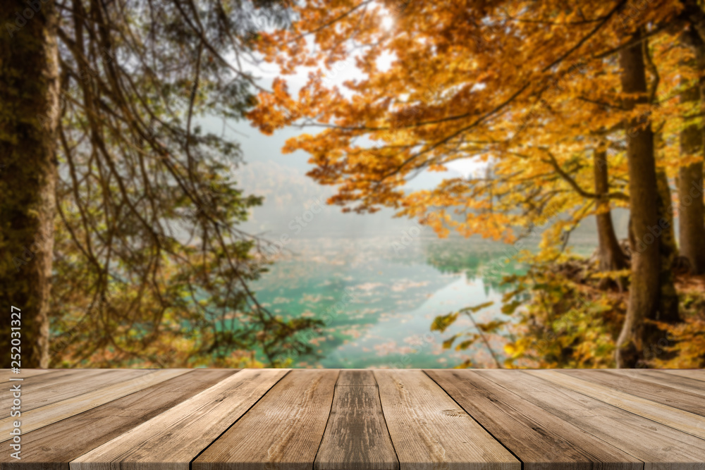 Beautiful natural lake, wooden boards product display, montage and ...