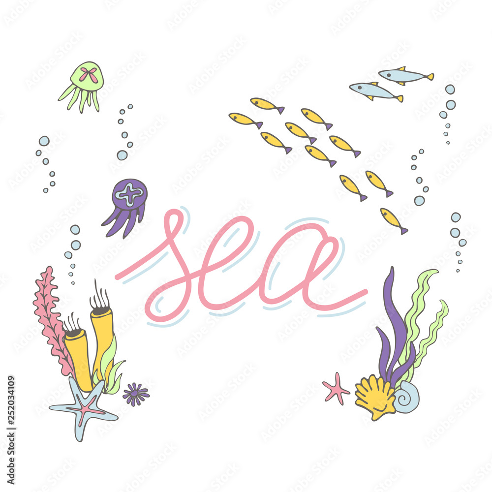 Set with hand drawn sea inhabitants elements. Vector doodle cartoon set ...