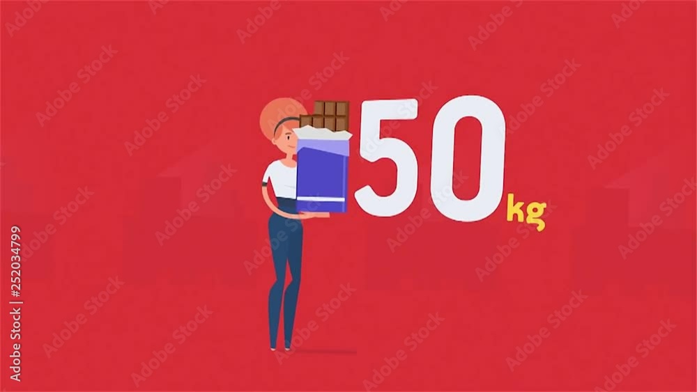 Cartoon animation of a woman eating chocolate bar on red background ...