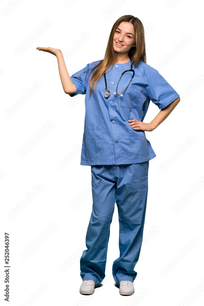 Full body Young nurse holding copyspace imaginary on the palm to insert ...